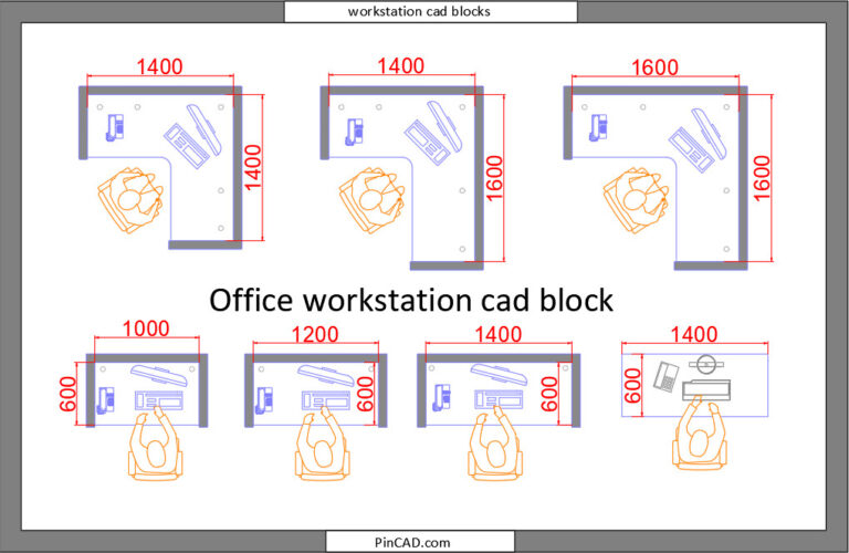 Workstation cad blocks – L shape Multiple Sizes - PinCad